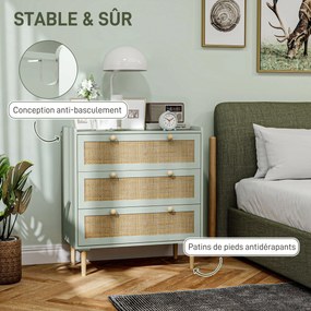HOMCOM Komoda se 3 zásuvkami v bohémském stylu s dřevěným rámem, ratanová komoda do ložnice, obývacího pokoje a předsíně, 80 x 40 x 87,5 cm, olivově …