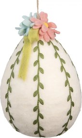 Bílá závěsná dekorace plstěné vajíčko s květy - Ø 18 * 27 cm