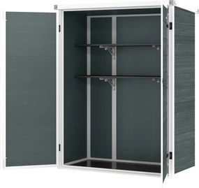 Outsunny zahradní domek 0,81 m² — 134 x 68,5 x 170 cm, plastový domek s integrovanou podlahou, 2 sklápěcí police, dvoukřídlé dveře se zámkem, šedý dře