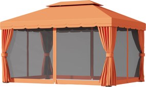 Zahradní altán Outsunny 4x3 m s moskytiérou a slunečními záclonami, venkovní altán s dvojitou střechou a anti-UV polyesterovým potahem a hliníkovým rá