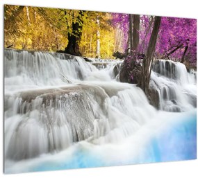Skleněný obraz Erawan vodopádu v lese (70x50 cm)