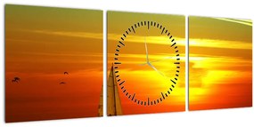 Obraz západu slunce s jachtou (s hodinami) (90x30 cm)
