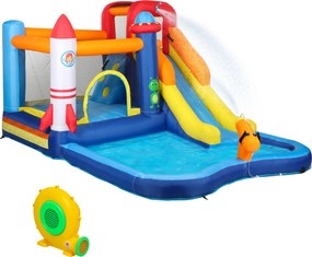 AIYAPLAY 5 v 1 skákací hrad s ventilátorem, rychle nafukovatelný, nosnost až 90 kg, pro děti 3-8 let, 3,6x2,5x1,95 m, vícebarevný