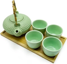 Porcelánová čajová souprava Tanaka pro 4, 600 ml – jadeitově zelená s reliéfem