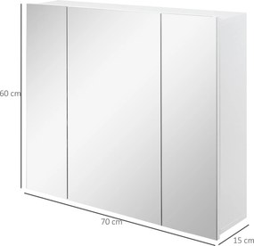 Kleankin koupelnová skříňka se zrcadlem - nástěnná koupelnová skříňka se 3 dvířky a nastavitelnými policemi 70x15x60 cm bílá
