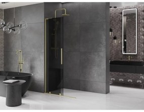 Mexen Velar L, posuvná sprchová zástěna Walk-in 110 x 200 cm, 8mm šedé sklo, zlatá matná, 871-110-003-43-55