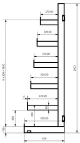 Konzolový regál přístavný, jednostranný, stromečkový, 2000 x 1330 x 624 mm, 6 pater
