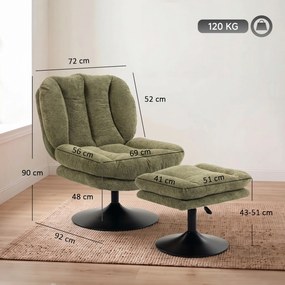 HOMCOM Lounge křeslo s podnožkou, 360° otočné, z Raindrop sametu, výškově nastavitelná podnožka, zelené