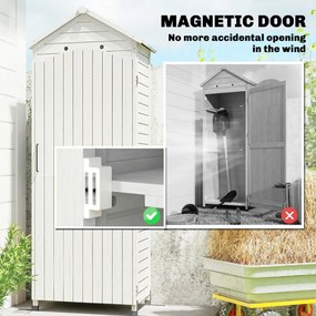 Outsunny vysoká zahradní skříň ze smrku s nastavitelnými policemi, magnetickými dveřmi a pozinkovanou střechou, 85 × 58 × 213 cm — bílá