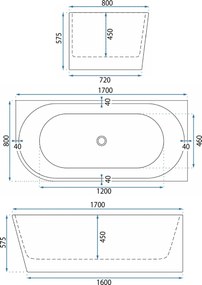 Volně stojící akrylová vana REA WENUS RIGHT 170x80 cm bílý, sifon Click-Clack - kartáčovaná měď