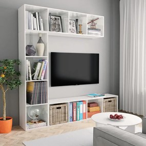 3dílná TV skříňka a knihovna vysoký lesk bílá 180 x 30 x 180 cm