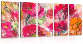 5-dílný obraz malované květinové zátiší - 200x100 cm
