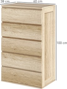 HOMCOM 5-zásuvková komoda do ložnice s moderním stylem a tichým uzavíracím mechanismem - 60 x 38 x 100 cm, Přírodní dřevo