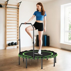Fitness trampolína s nastavitelným zábradlím, sportovní trampolína pro vnitřní i venkovní použití, ocel, plast, zelená barva