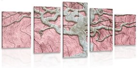 5-dílný obraz abstraktní strom na dřevě s růžovým kontrastem - 100x50 cm
