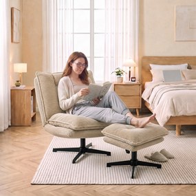 HOMCOM Lounge křeslo s podnožkou, otočné o 360°, potah z kordury, nastavitelná opěrka nohou, béžové