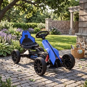 HOMCOM Motokára, dětské vozidlo s nastavitelným sedadlem, šlapací vozidlo, šlapací auto s ruční brzdou, čtyřkolka pro děti od 3 do 8 let, modrá | Aos…