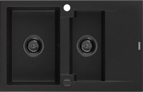 Mexen Gaspar, granitový dřez 737x475x177 mm, 1,5-komorový, černá s černým sifonem, 6507731505-77-B