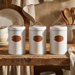 Sada 3ks bílých kulatých plechových dóz do kuchyně - QUTTIN