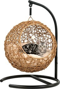PawHut pletené kočičí lůžko — vyvýšený ratanový dům s pratelným polštářem a hračkou, 45 × 41 × 75 cm, světle hnědý | Aosom
