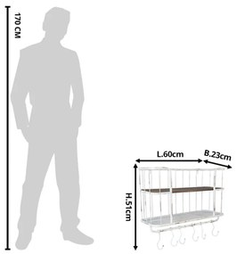 Bílá závěsná polička s háčky a patinou – 60x23x51 cm