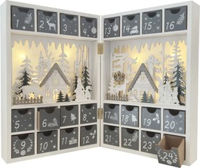 LED adventní kalendář, dřevěná kniha, 23,5 × 34,5 × 11 cm, bílá, šedá a zelená,otvírací, na 2× AA