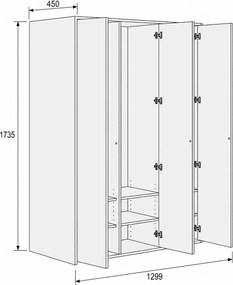 Šatní skříň FRAME, 3 oddíly, 1299 x 450 x 1735 mm, PUSH-lock, dub přírodní