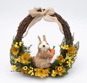 Velikonoční věnec na dveře 33 × 31 × 10 cm, proutí, žluté květy a zajíc s mrkví, venkovní
