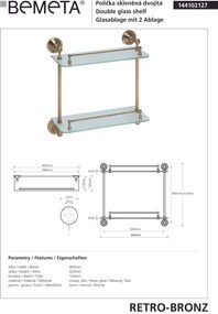 Bemeta Design RETRO bronz: Polička skleněná dvojitá, 400 mm -