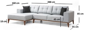 Designová rohová sedačka Tarika 288 cm světle šedá - levá
