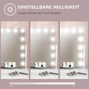 HOMCOM LED kosmetické zrcadlo, 3 světelné režimy, stmívatelné, dotykové ovládání, USB, 62,5 x 49,5 cm, bílé