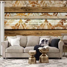 Fototapeta Dřevěná elegance - pozadí s motivem dřeva a bílo-zlatými ornamenty