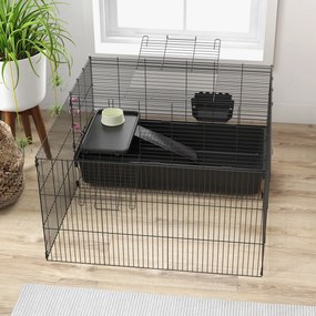 Bouda PawHut pro malá zvířata s výběhem, 112,5L x 99W x 54H cm, s lahví na vodu, krmítkem, miskou na krmení, pro malá zvířata, ocel, černá | Aosom