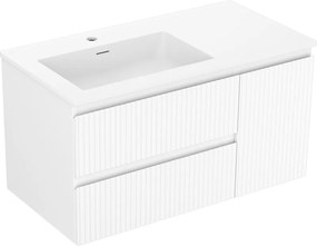Mexen Rivel, koupelnová skříňka 90 cm s levým umyvadlem Otis, 2S, 1D, drážkovaná, bílá matná, 91A23-09047-3-BBFFF01-W18L01