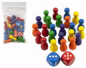 Figurky dřevo 25mm 24ks 6 barev+ 2 kostky společenská hra v sáčku 7x13cm