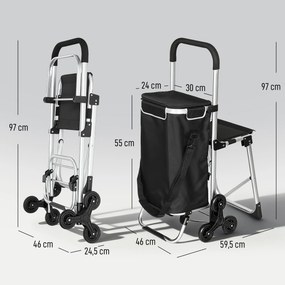 HOMCOM Nákupní vozík, 40 l Oxford taška, 3-kolové provedení, hliníkový rám, sedadlo, Šedá