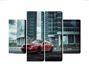 Vícedílný obraz Červené Auto Na Pozadí Moderních Mrakodrapů Nedostatek Nedostatek Plátno Canvas 200x150