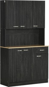 HOMCOM Moderní kuchyňská komoda s bufetem, 6 dveří, 1 zásuvka + Velký pracovní stůl 101L x 39W x 180H cm, černé dřevo