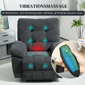 HOMCOM Relaxační křeslo, masážní čalouněné křeslo s 8 vibračními body, nastavitelná podnožka, boční kapsa, opěradlo, šedá