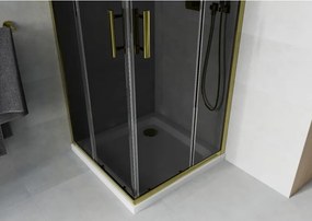 Mexen Rio, čtvercový sprchový kout s posuvnými dveřmi 80 (dveře) x 80 (dveře) x 190 cm, 5mm šedé sklo, zlatý profil + bílá sprchová vanička SLIM, 860-080-080-50-40-4010G