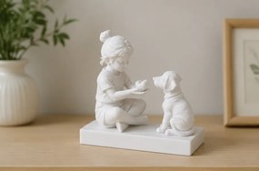 soška, dekorativní, holčička a pes, 7x7 cm, pryskyřice, barva bílá, Dekorino SF20260012