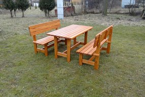 KULHÁNEK Zahradní dubová sestava - stůl, 2x lavice s opěradlem (klasické provedení) Délka: 150 cm, Odstín nátěru: lazura - ořech