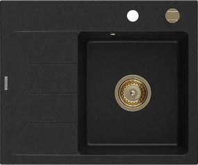 Mexen Ben, 1-komorový granitový dřez 600x500x190 mm, pravý + zlatý sifon, černá, 6523605000-77-G