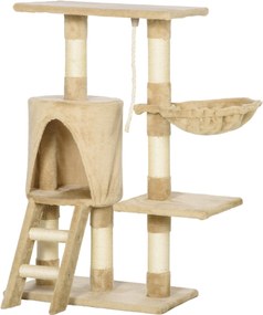 PawHut Kočičí Škrabadlo 55x30x95 cm s Hnízdem, Stolky, Žebříkem a Hračkou z Dřevotřísky Potažené Plyšem Hnědé | Aosom