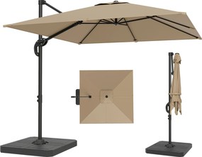 Outsunny závěsný čtvercový slunečník 2,4 × 2,4 m s podstavcem a závažími — hliníkový stožár 360° otočení s pedálem, UPF50+, 5 poloh náklonu, khaki | A
