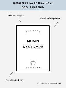 Samolepka na láhev MONIN VANILKOVÝ 6 x 8 cm – bílá vinylová, voděodolná, omyvatelná samolepka na dózy, tučné písmo