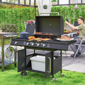 Outsunny Plynový gril 15,2 KW, grilovací vozík včetně 5 nerezových hořáků, kolečka, boční vařič, 129,5 x 56 x 110 cm, černá