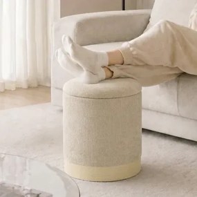 HOMCOM úložný puf, kulatá chenilková stolička, podnožka s kovovou základnou v designu dřeva, béžová