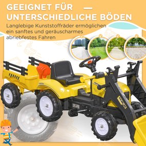 HOMCOM Šlapací traktor s přívěsem, šlapací vozidlo s lopatou, dětské vozidlo traktor pro děti od 3 let, žlutý | Aosom