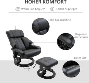 Televizní křeslo HOMCOM s funkcí polohování, hluboké čalounění, vysoký opěrák a područky, otočné o 360°, imitace kůže, 76L x 80W x 102H cm, černá | A…